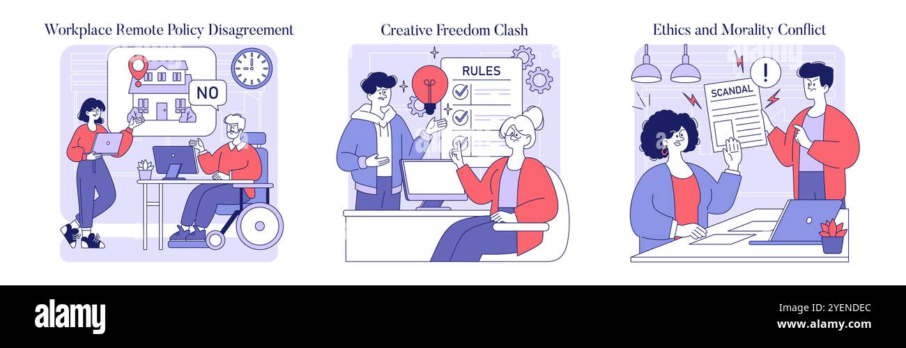 Workplace Dispute set. Remote work policy disagreement, creative ...