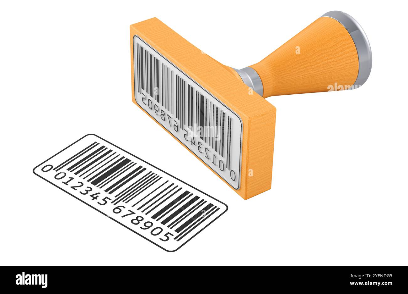 Wooden stamper, seal with barcode label. 3D rendering isolated on white ...
