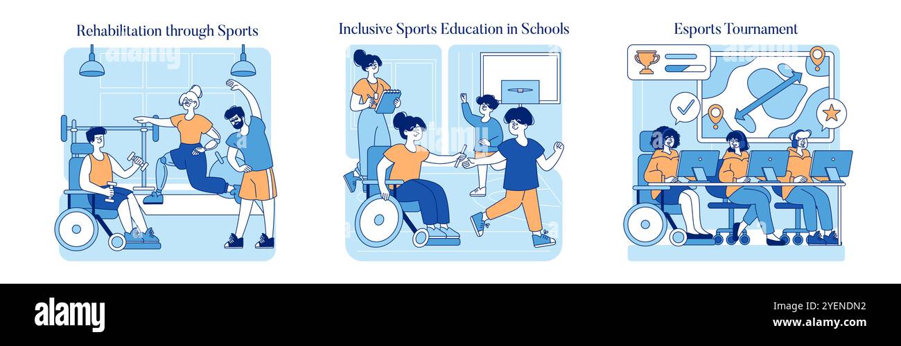 Sports for Disabled People set. Illustrations showcasing rehabilitation ...