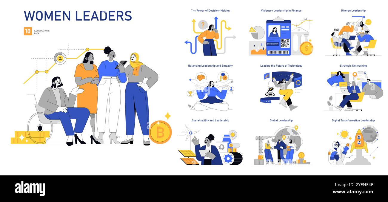 Women Leaders set. Illustrations showcasing female empowerment across ...