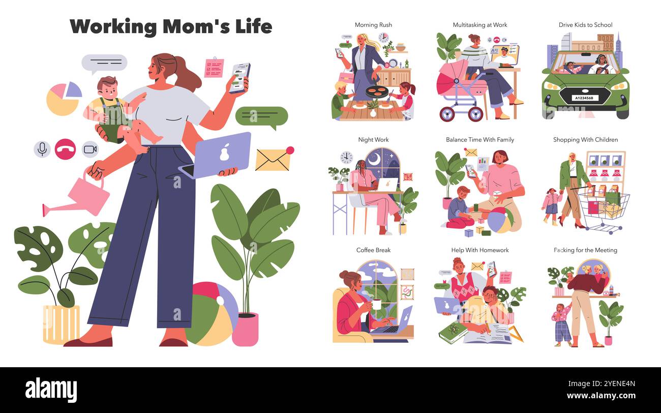 Working Mom's Life set. Illustrating daily tasks from morning rush to night work alongside ...
