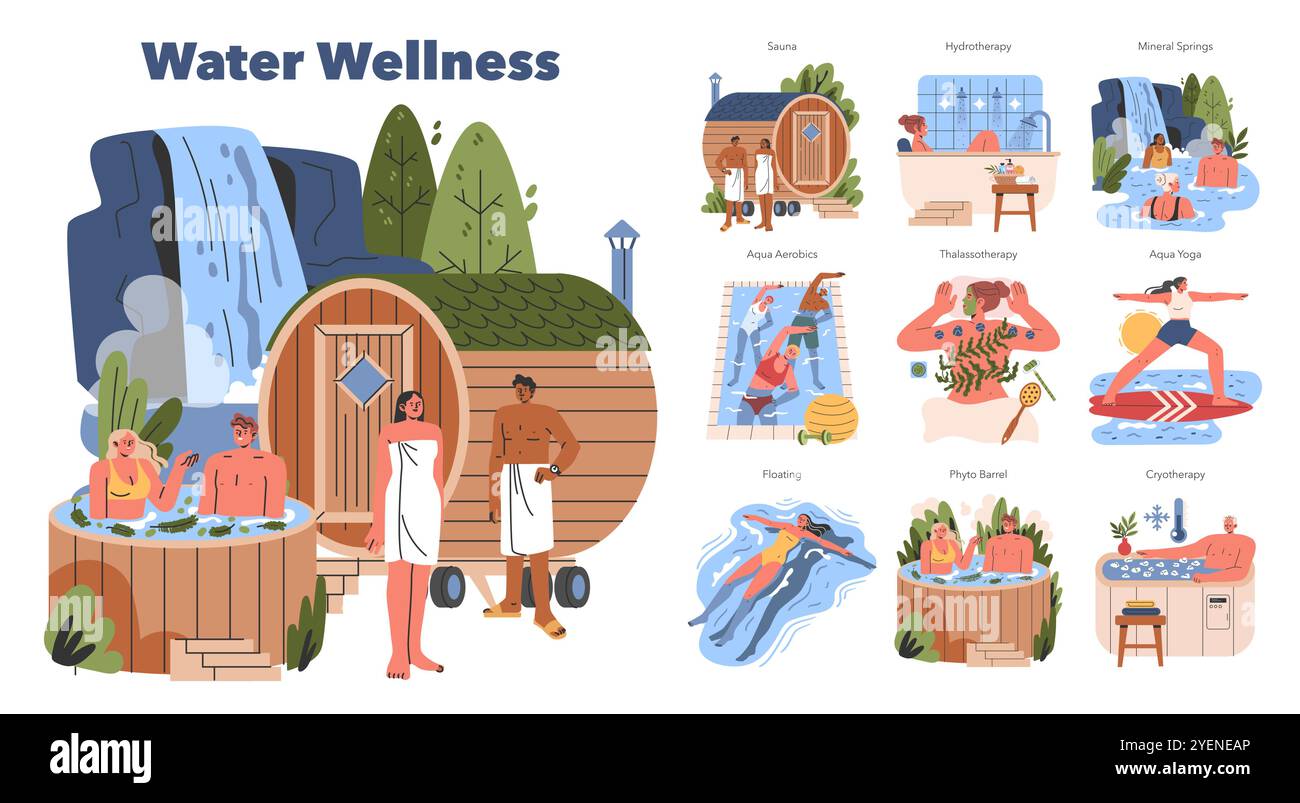 Water Wellness set. Illustrations of hydrotherapy, saunas, and aqua-based exercises for health ...
