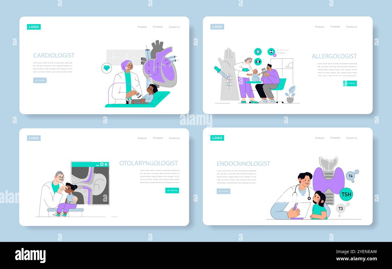 Specialist medical care set illustrating pediatric visits to a ...