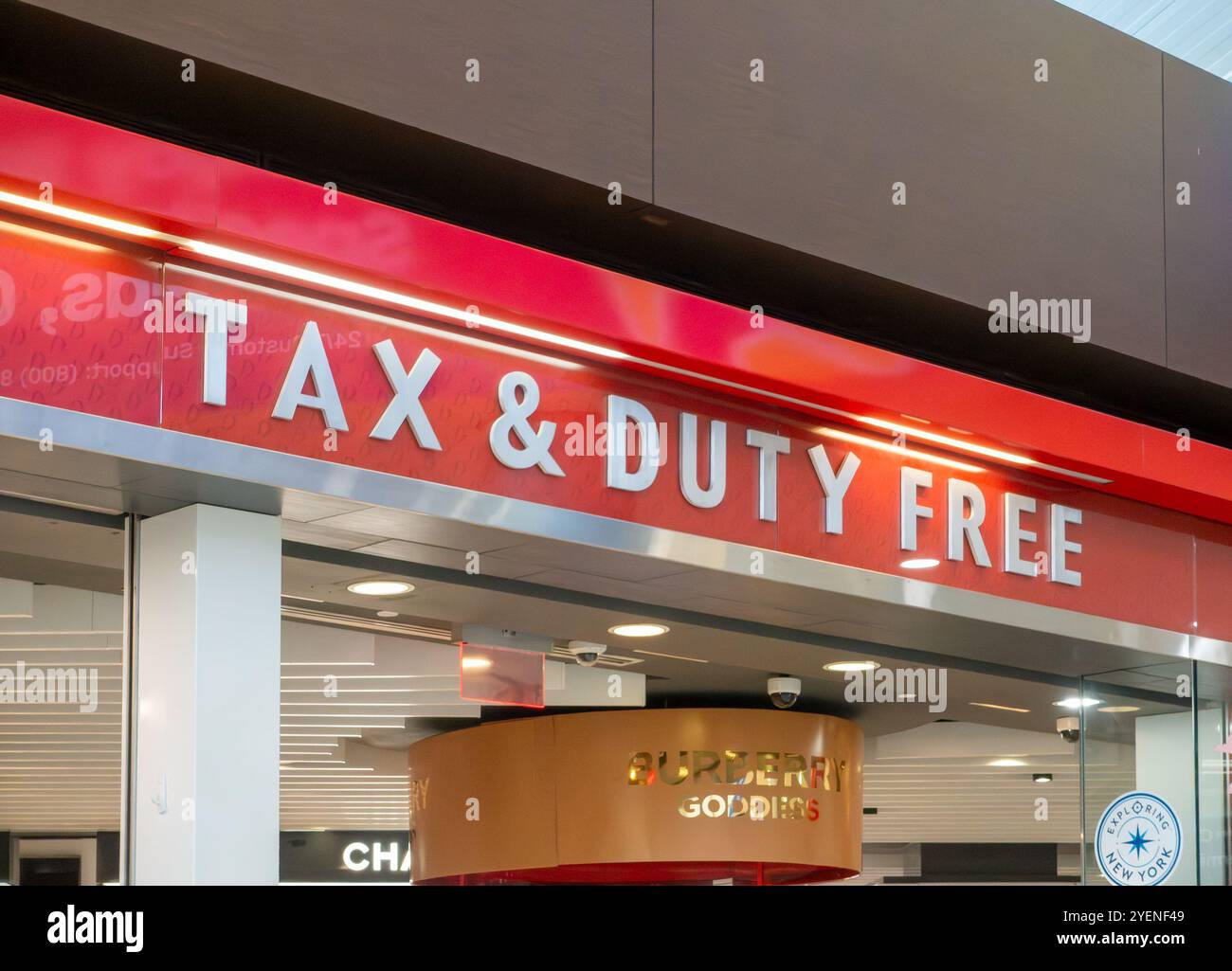 Newark, NJ – US – Oct 12, 2024 View of red and white Tax and Duty Free ...
