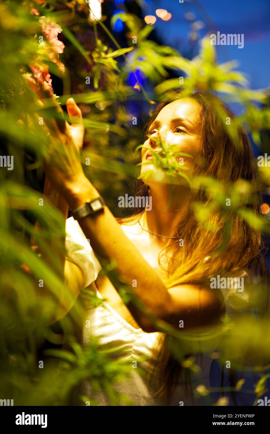 Reflective Moment with Nature Under Soft Evening Lights Stock Photo - Alamy
