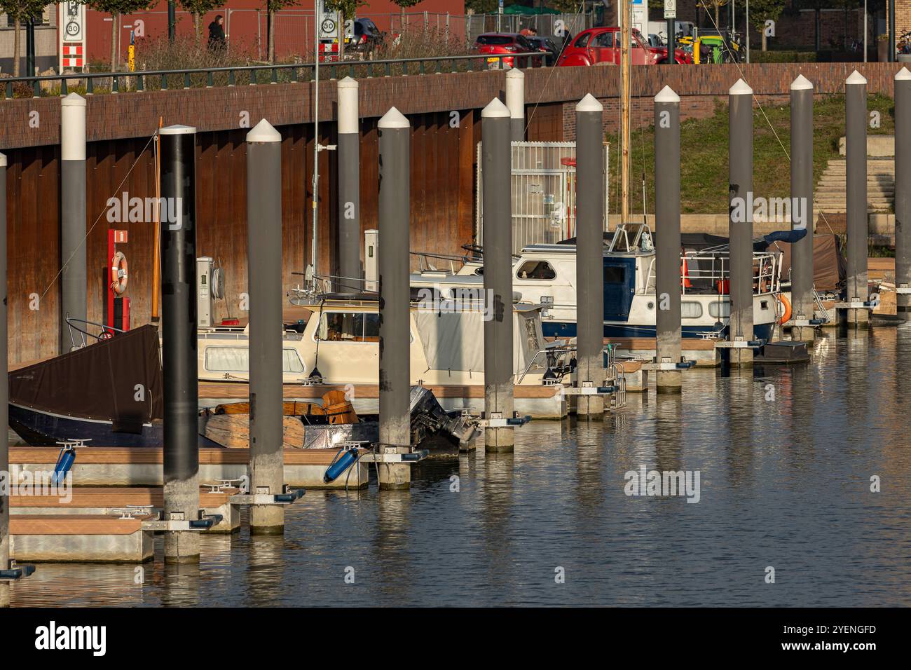 Floating ramp on high water level of river IJssel with reflection of ...