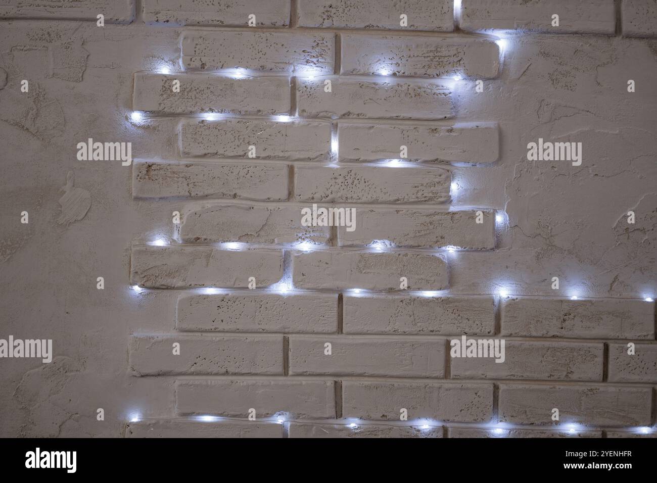 Elegant White Brick Wall Decorated with Subtle LED Fairy Lights Stock ...