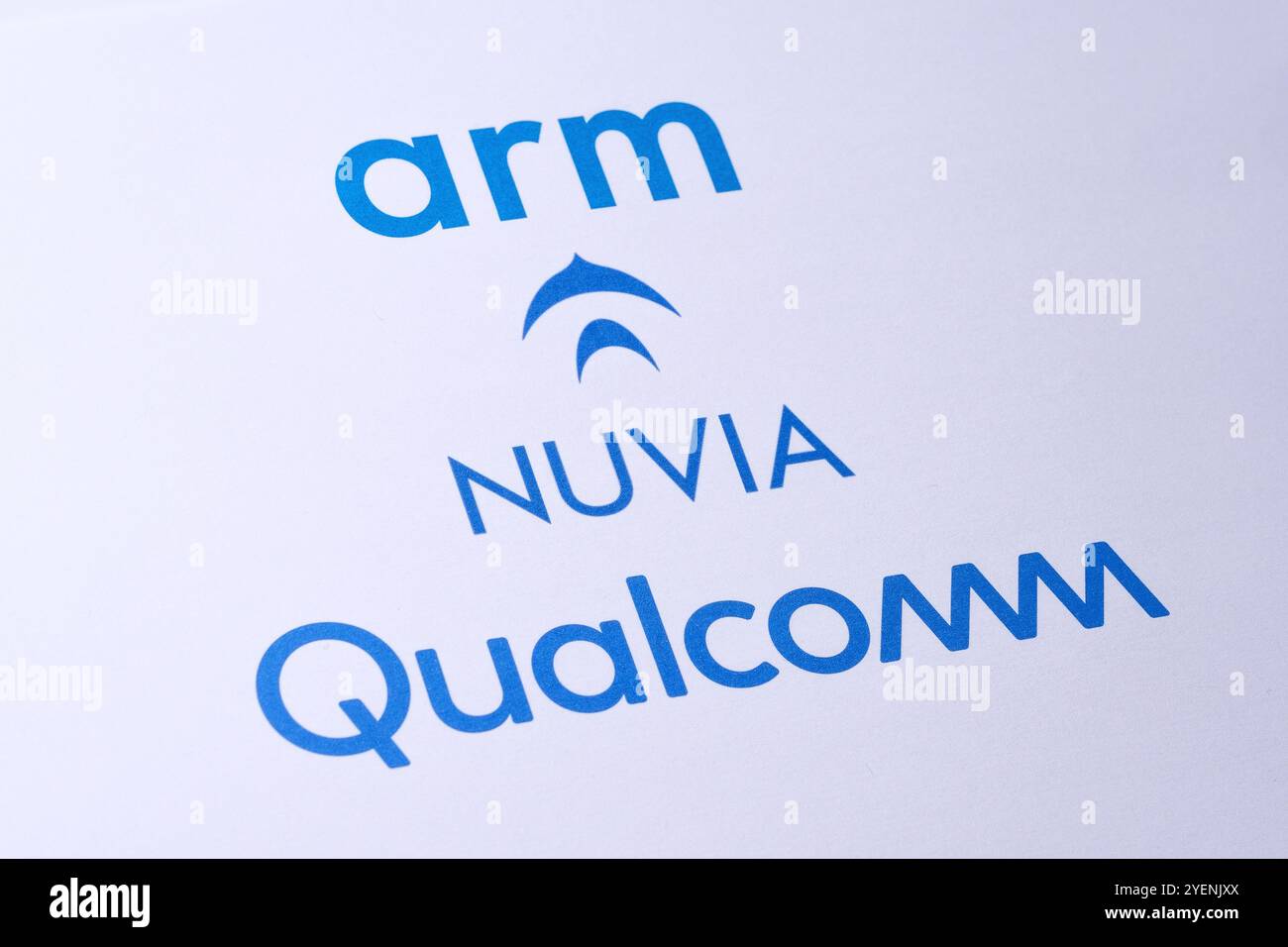 Printed logos of Arm, Nuvia, and Qualcomm, representing corporate affiliations and legal ...