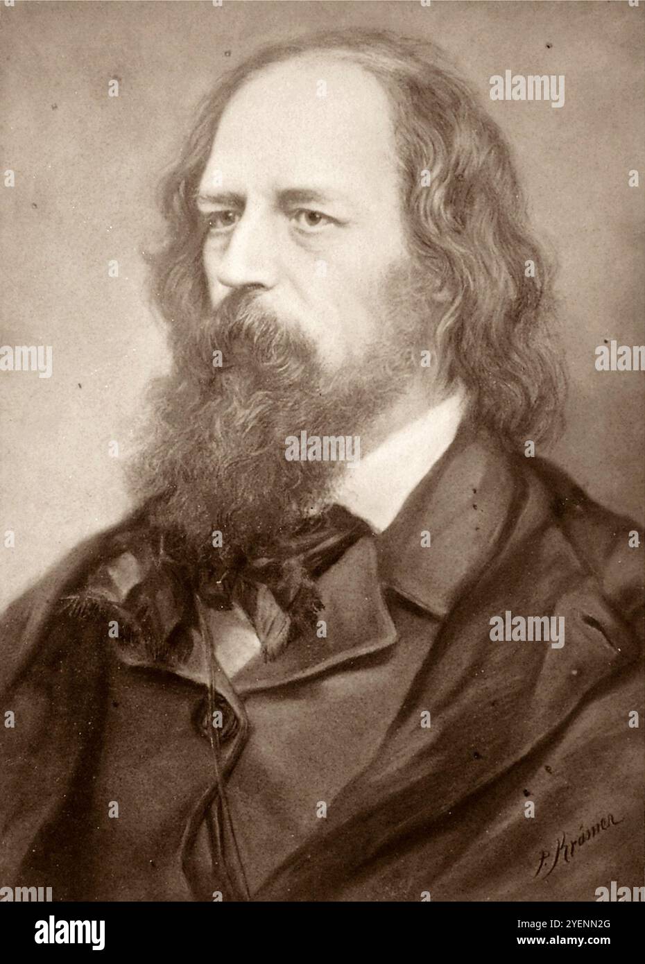 A portrait of the English poet Alfred Lord Tennyson by P. Krämer Stock ...