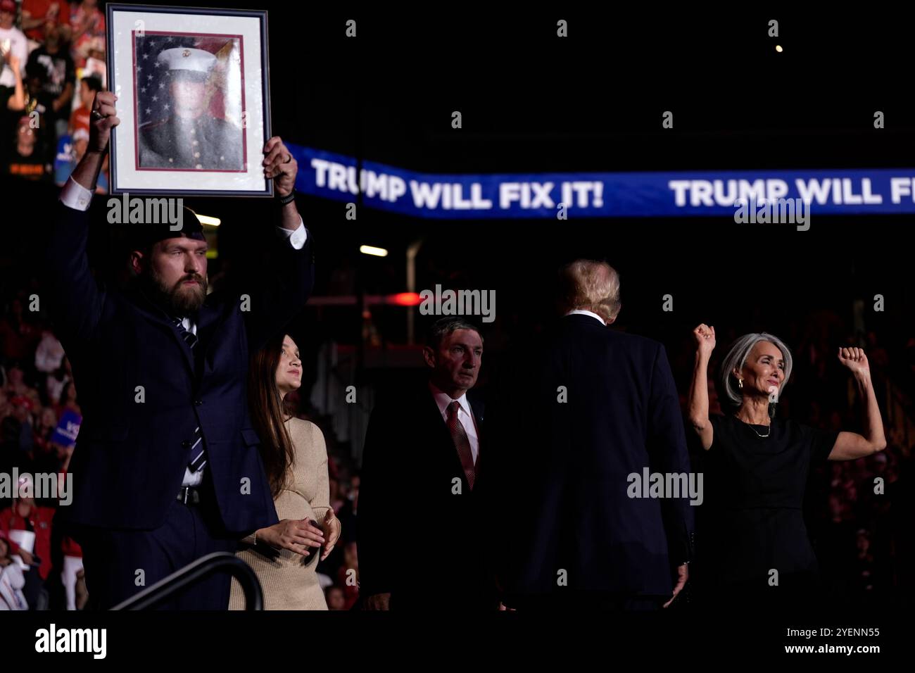 Republican presidential nominee former President Donald Trump stands on ...