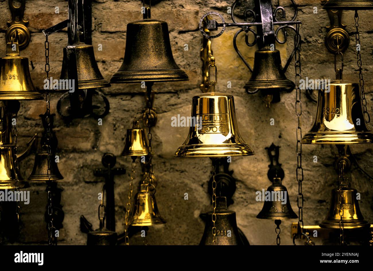 Display of brass bells Stock Photo - Alamy