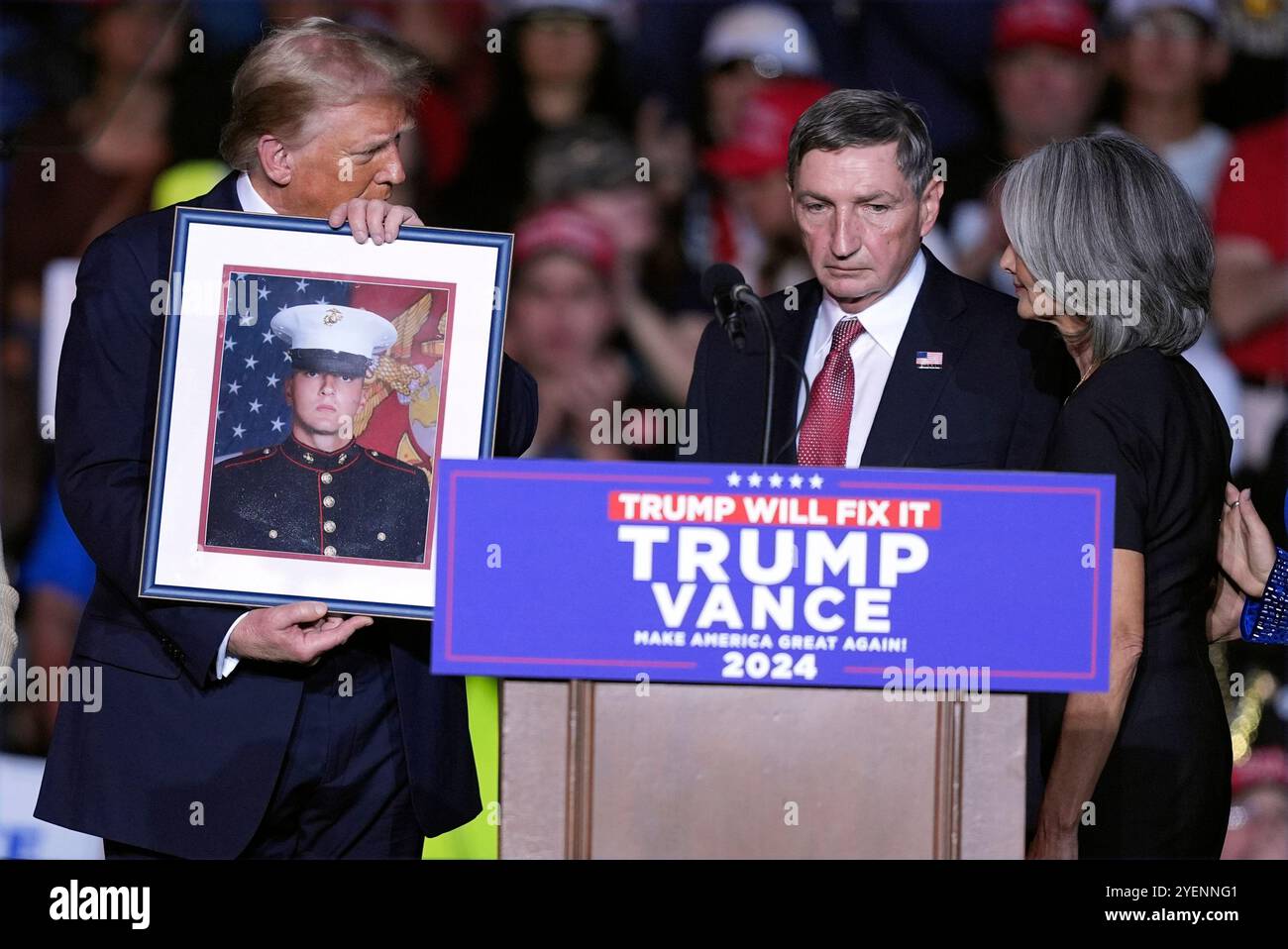 Republican presidential nominee former President Donald Trump holds a ...
