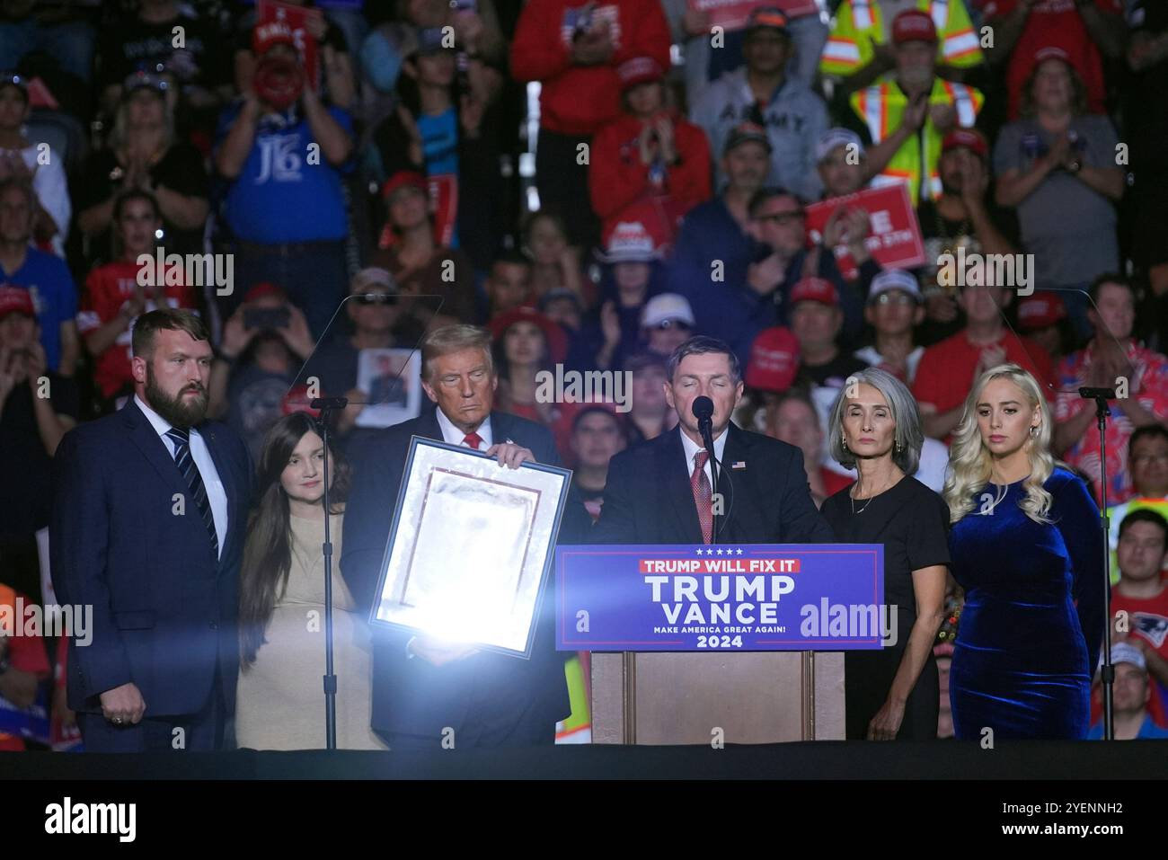 Republican presidential nominee former President Donald Trump holds a ...