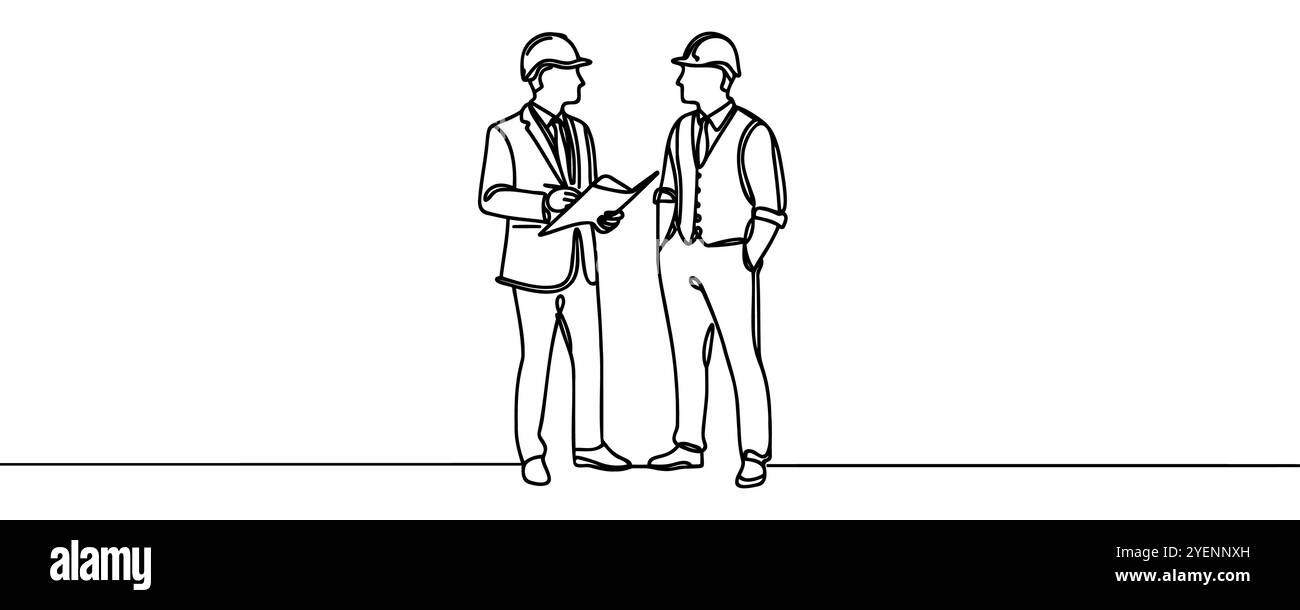 Two male engineers standing in hard hat Continuous one line drawing ...
