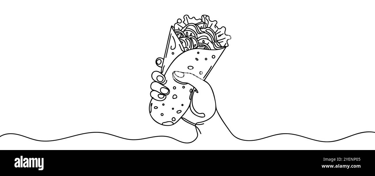 One single line drawing of Mexican burritos, Greek shawarma, shawarma ...