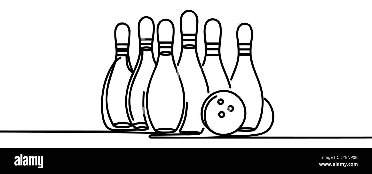 Single one line drawing bowling ball and pins. Sports equipment bowling ...