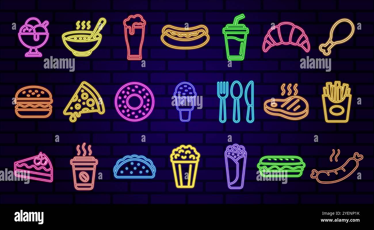 undefined Neon food icons in vintage style on light background ...