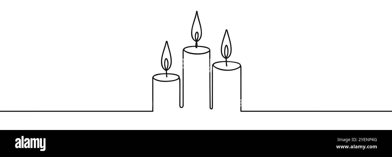 Three burning candles continuous single line drawing. Candle icon ...