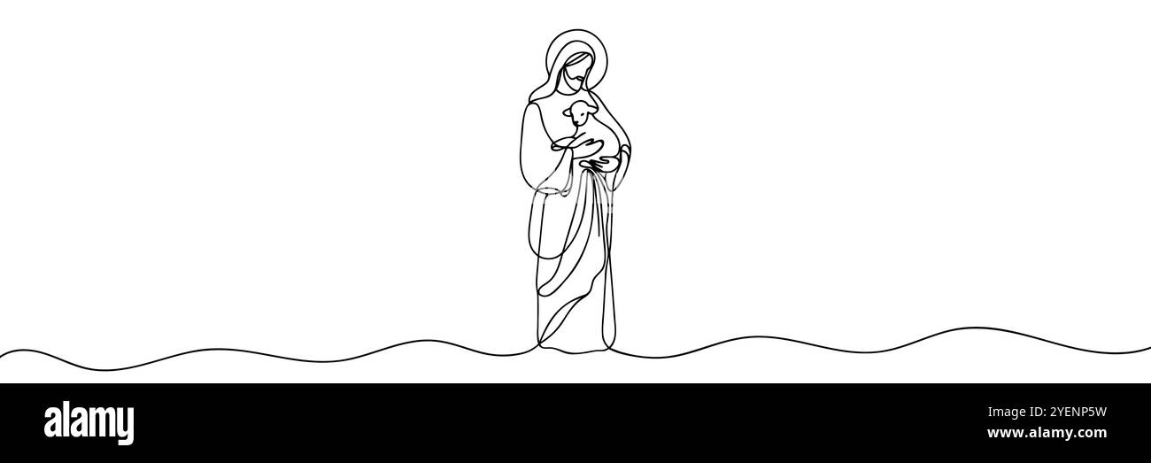 Continuous one line drawing of Jesus Christ holding a lamb in his arms ...