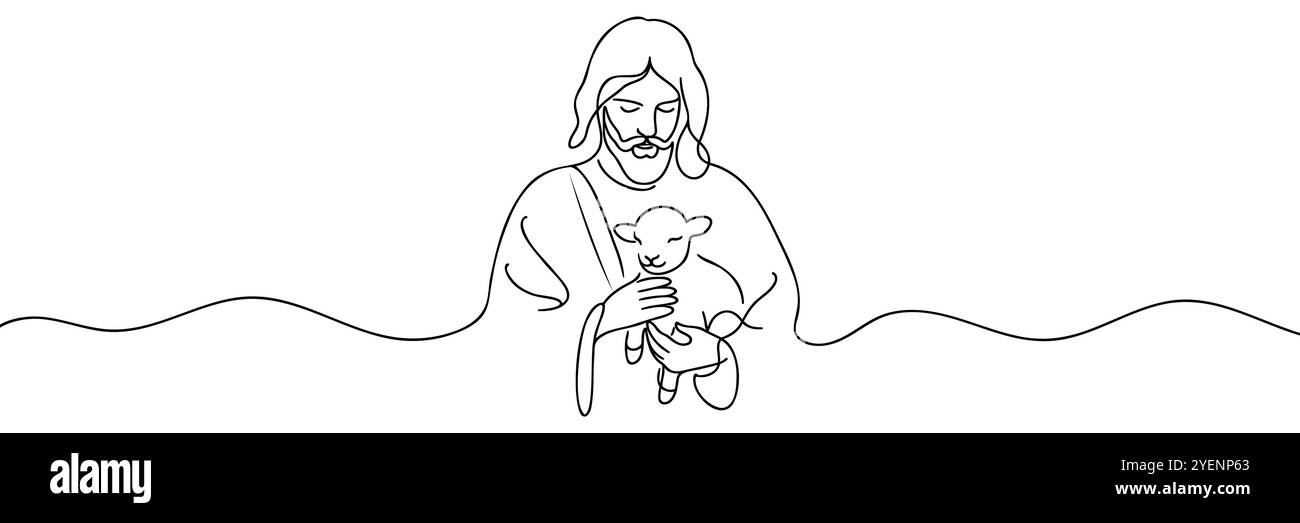 Continuous one line drawing of Jesus Christ holding a lamb in his arms ...