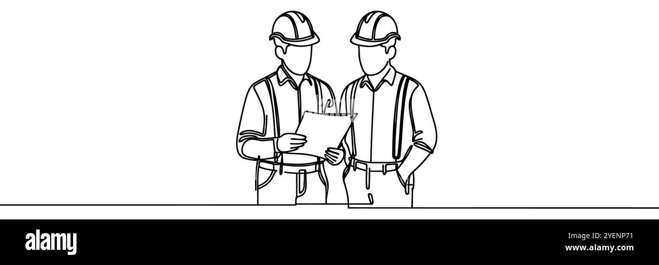 Two male engineers standing in hard hat Continuous one line drawing ...