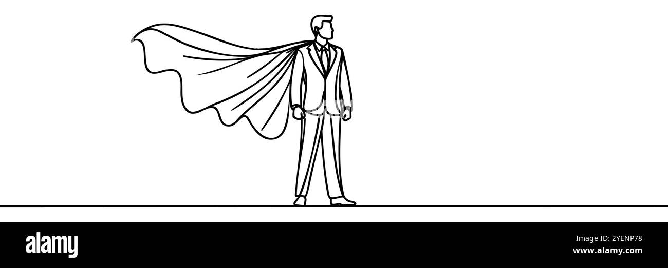 Single continuous line drawing businessman superhero with cloak ...