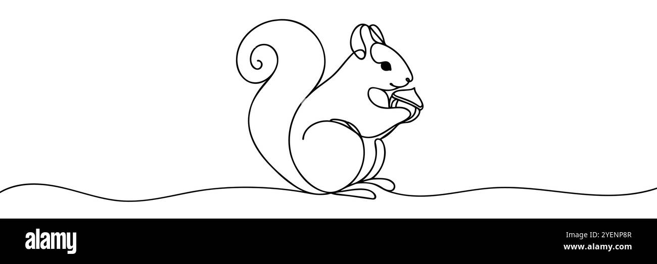 Continuous one line drawing squirrel sits eating nuts. Animals concept ...