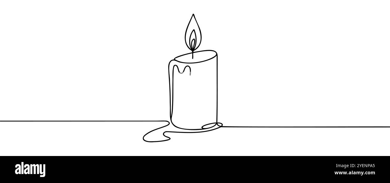 Continuous one line drawing candle burning flame. Black contour line ...
