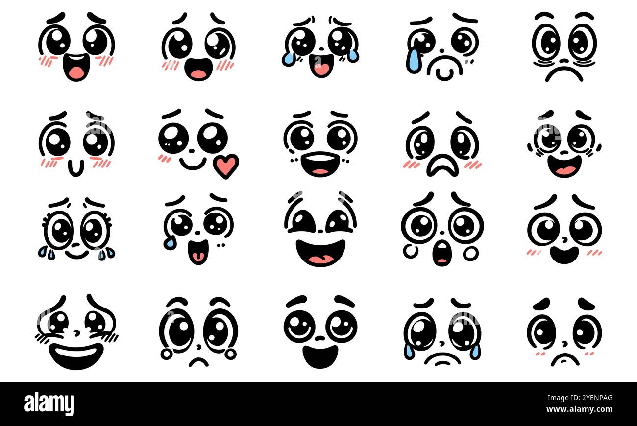 Cartoon face expression isolated vector icons, funny emoji satisfied ...