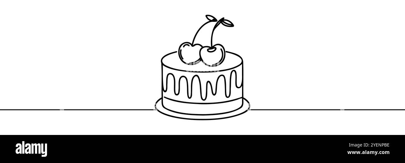 Continuous one line drawing two tier chocolate cake with cherry topping ...