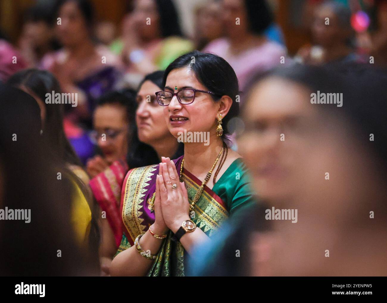 London, UK. 31th Oct 2024. Devotees at the ceremony of Sharda Pujan ...