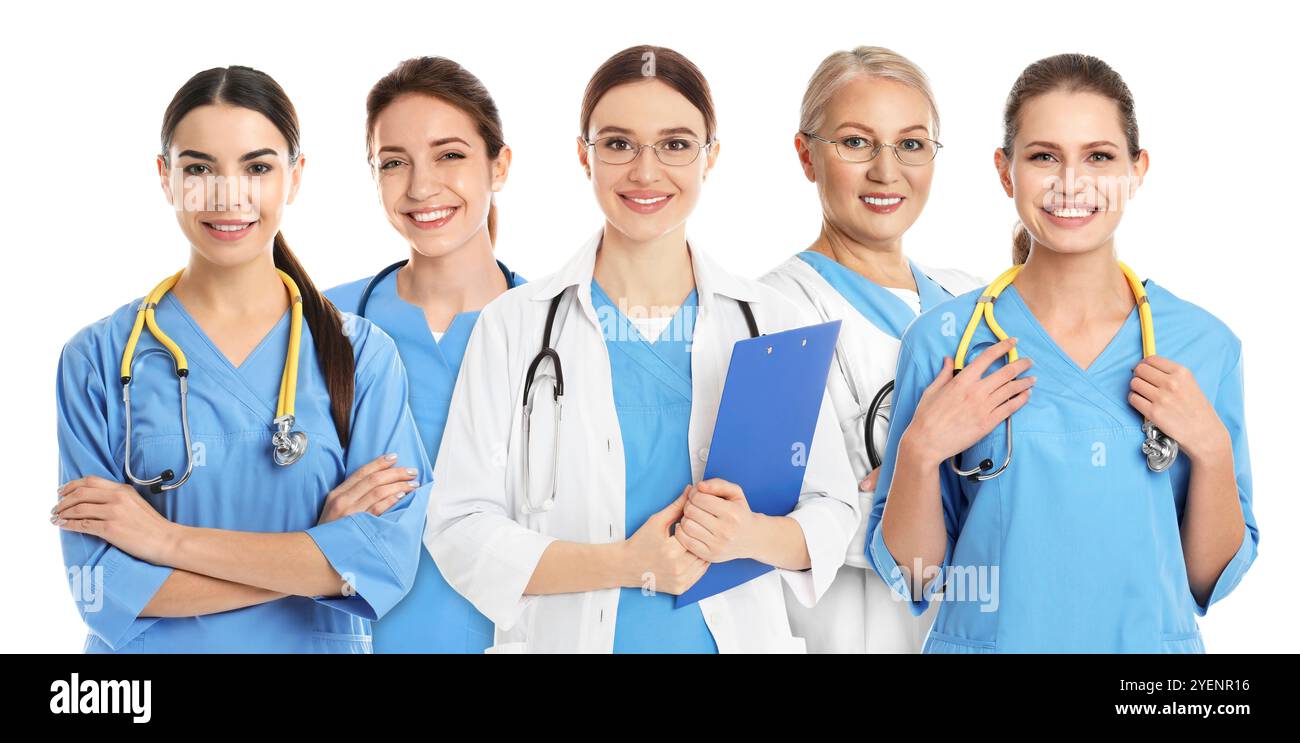 Different healthcare workers in uniforms on white background Stock ...