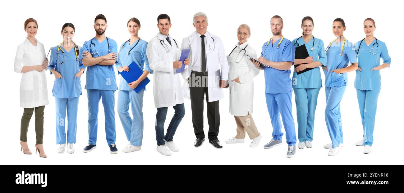 Different healthcare workers in uniforms on white background Stock ...