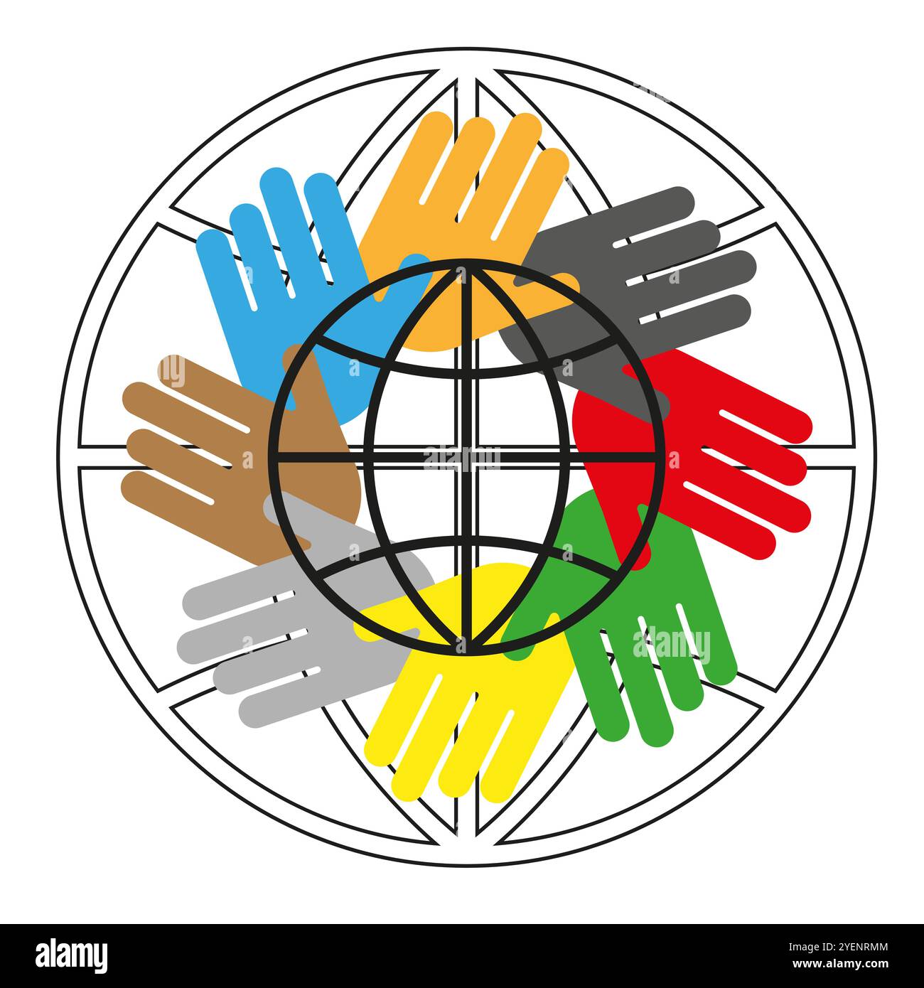 Diverse hands circle. Global unity symbol. Multicolored collaboration ...