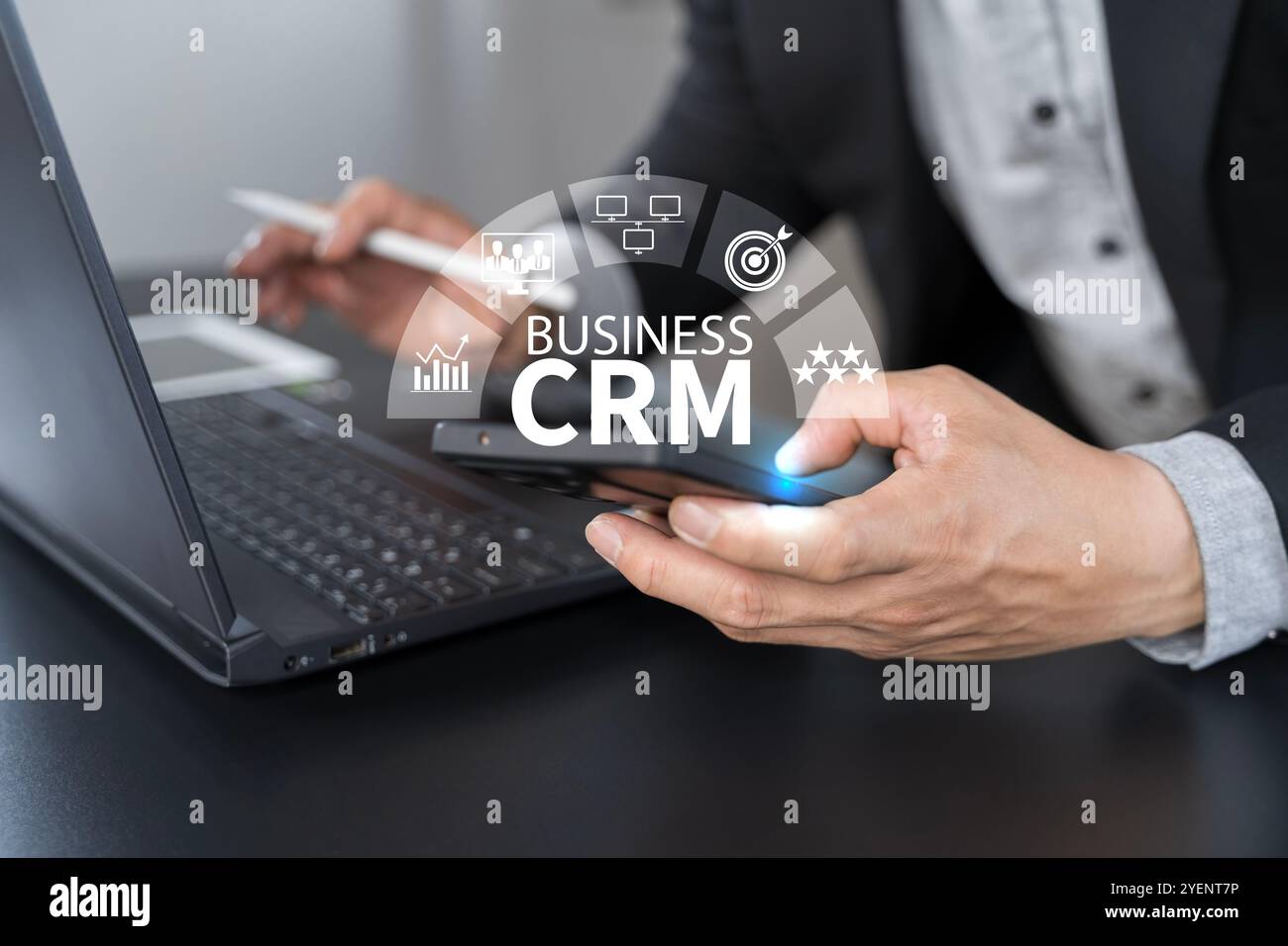 Targeting customer concept. Businessman use laptop with target customer ...