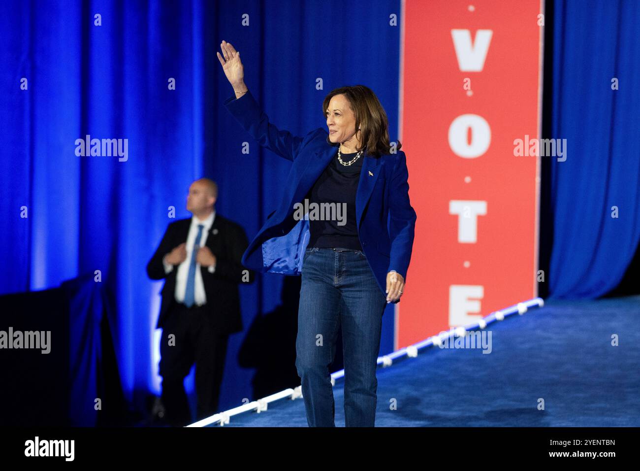 Democratic presidential nominee Vice President Kamala Harris waves as ...