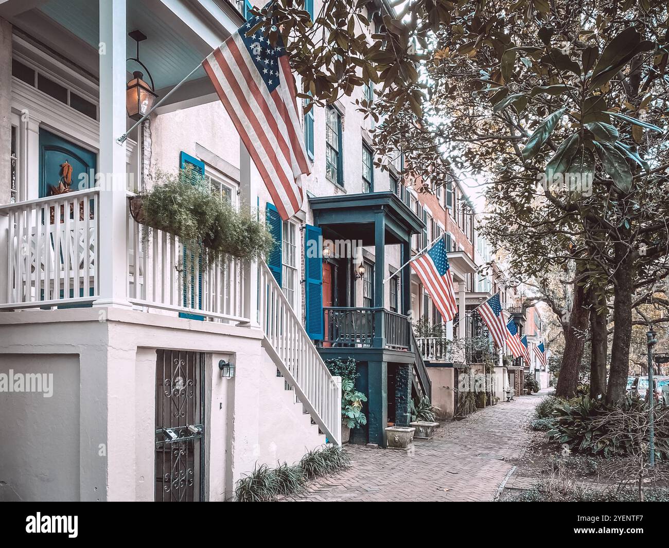Savannah Row Homes with American Flags, Savannah, Georgia, USA Stock ...