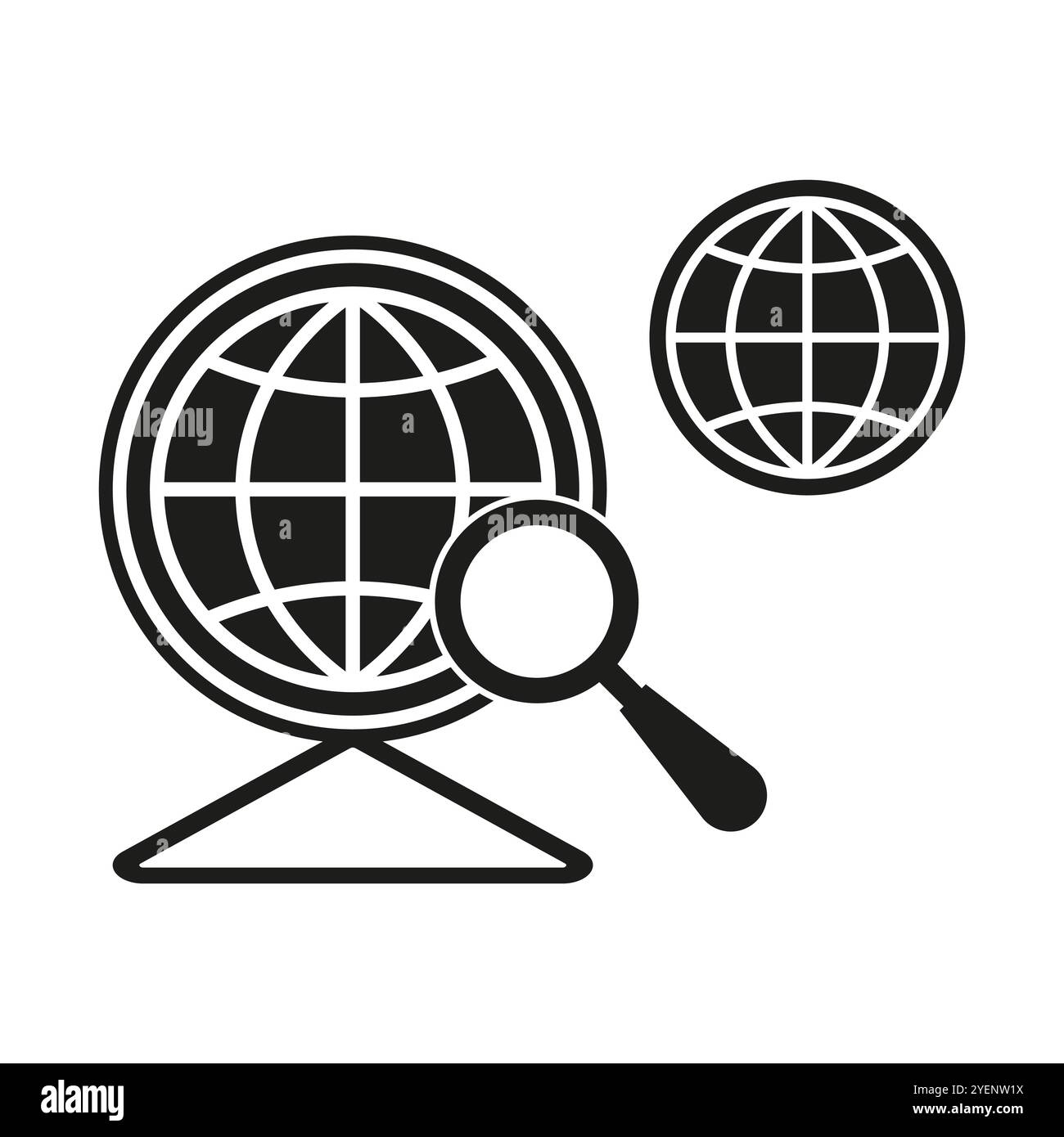 Globe with magnifier. Search icon concept. Global focus symbol. Vector ...