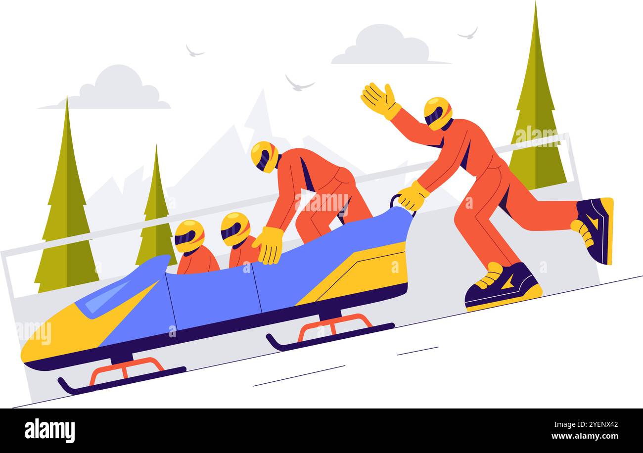 Vector Illustration of an Athlete Riding a Bobsleigh on a Snow Covered ...