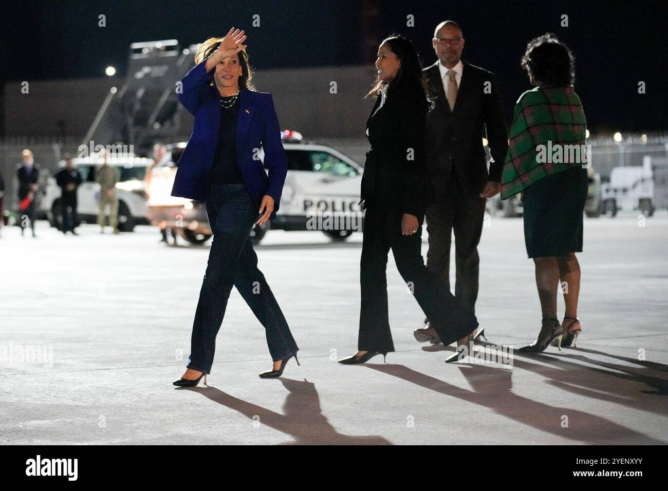 Democratic presidential nominee Vice President Kamala Harris waves as ...