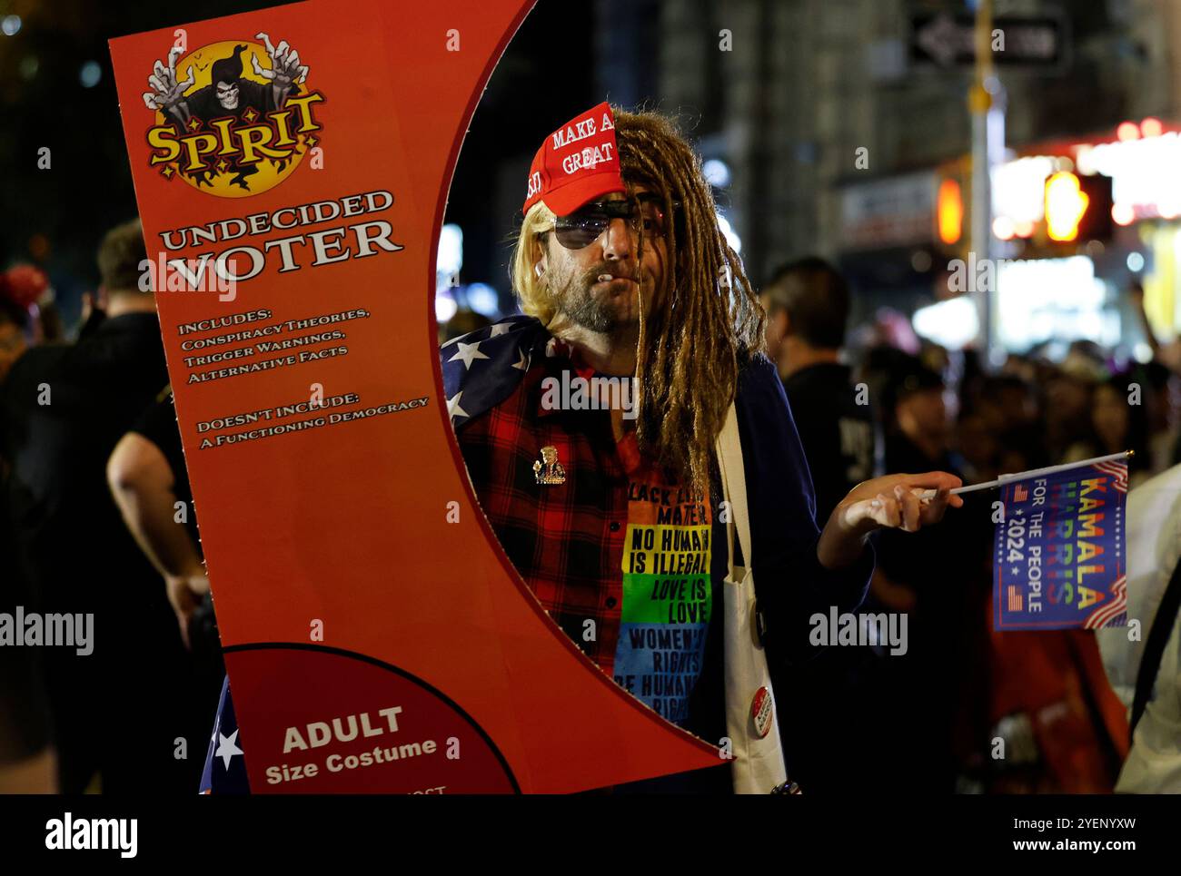 A person dressed up as an undecided voter with references to Donald ...