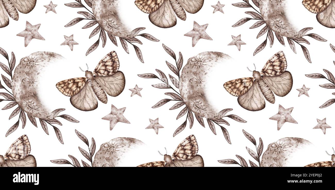 Butterfly, moon, stars and grass pattern in brown and beige tones ...