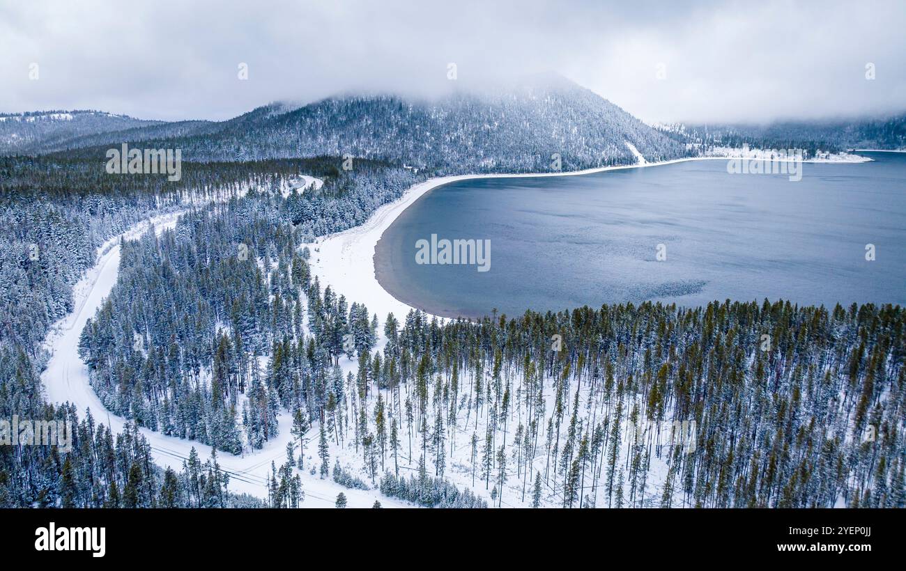 Aerial view of the Newberry Caldera after an early winter storm ...