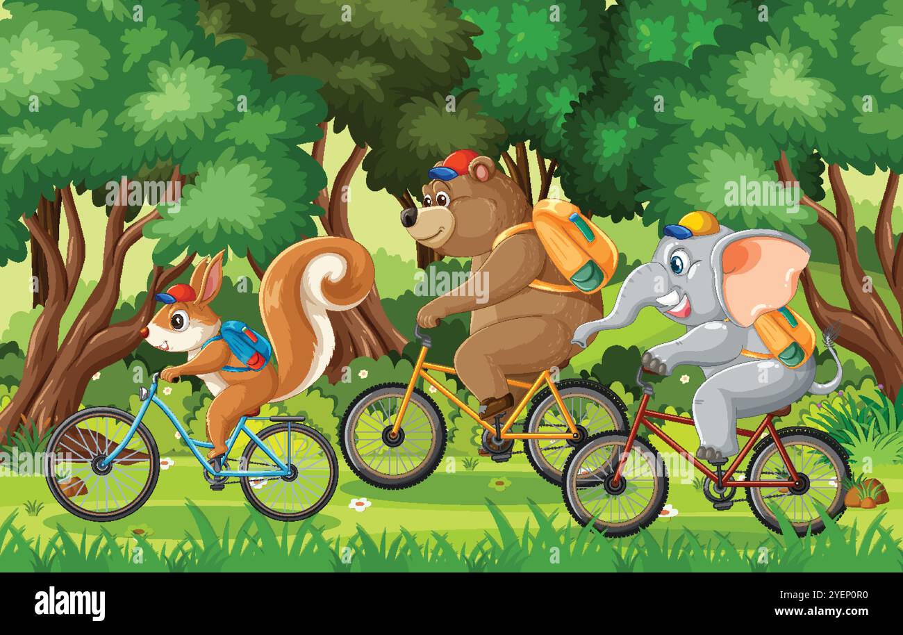 Squirrel, bear, and elephant biking in nature Stock Vector Image & Art ...