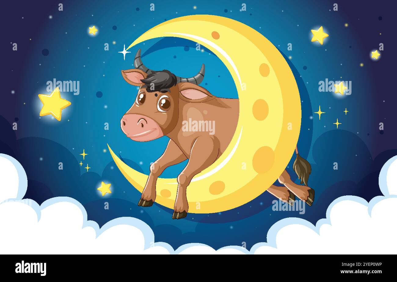 A cow sitting on a crescent moon at night Stock Vector Image & Art - Alamy
