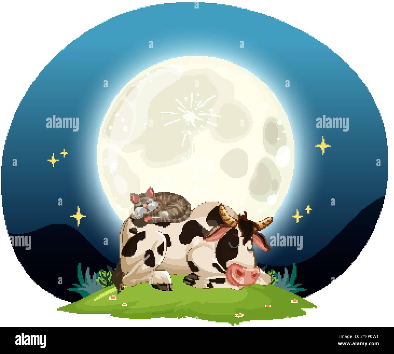 Cow and cat resting under a glowing moon Stock Vector Image & Art - Alamy