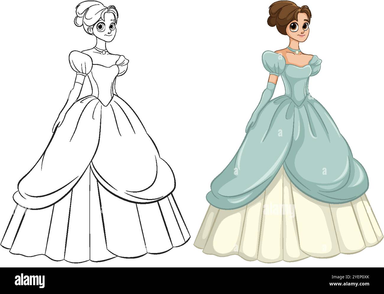 Princess illustration in color and outline versions Stock Vector Image ...