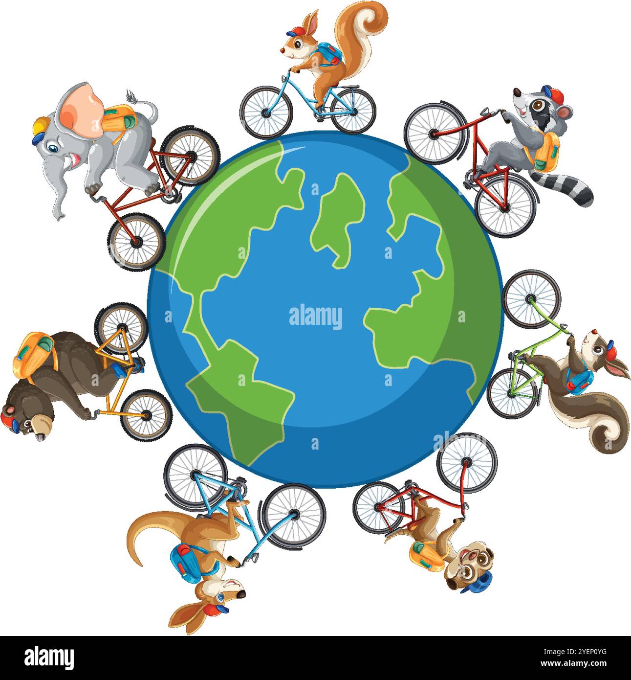 Animals riding bicycles around a globe illustration Stock Vector Image ...