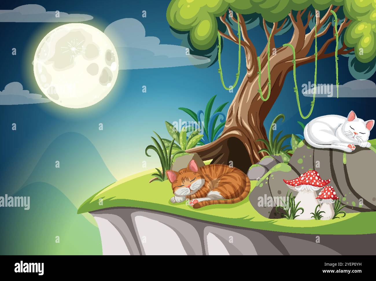 Two cats rest peacefully beneath a glowing moon Stock Vector Image ...