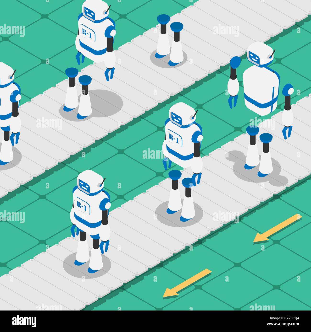 Conveyor belt at an industrial robot manufacturing plant. Mass ...